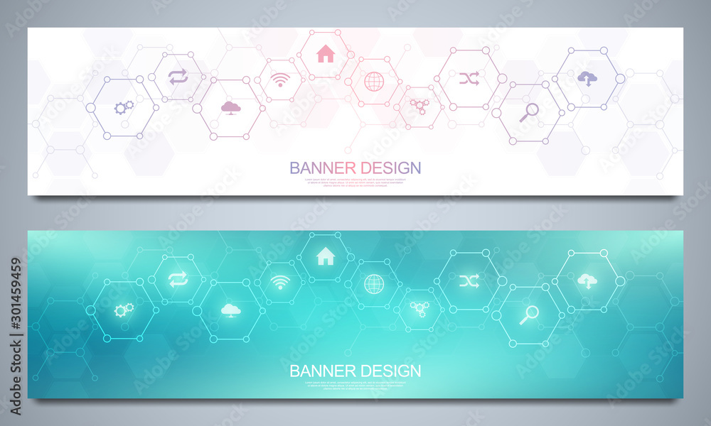 Banners design template for technological decoration with flat icons ...