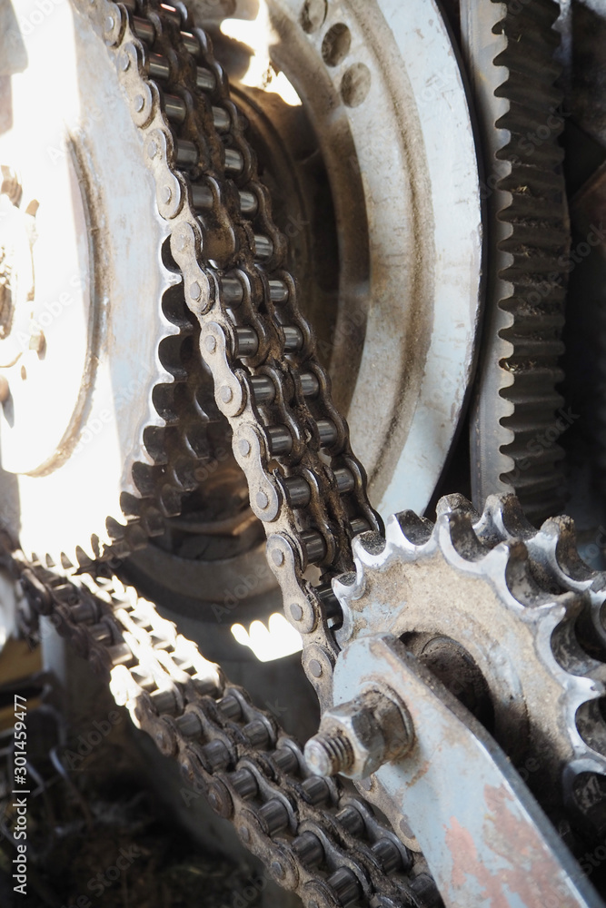 Chain drive transmission. Drive roller chain in operation Stock Photo ...