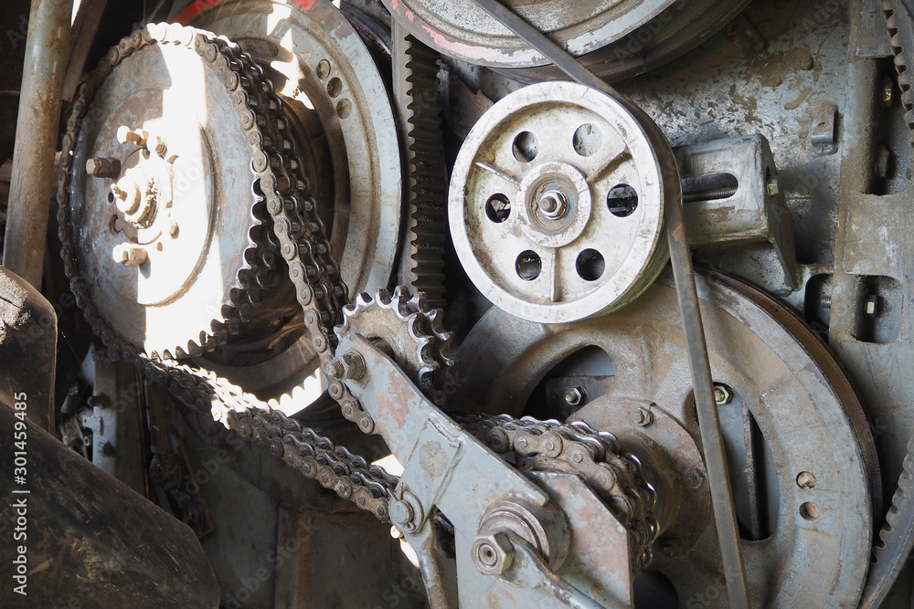 Chain drive transmission. Drive roller chain in operation Stock Photo ...