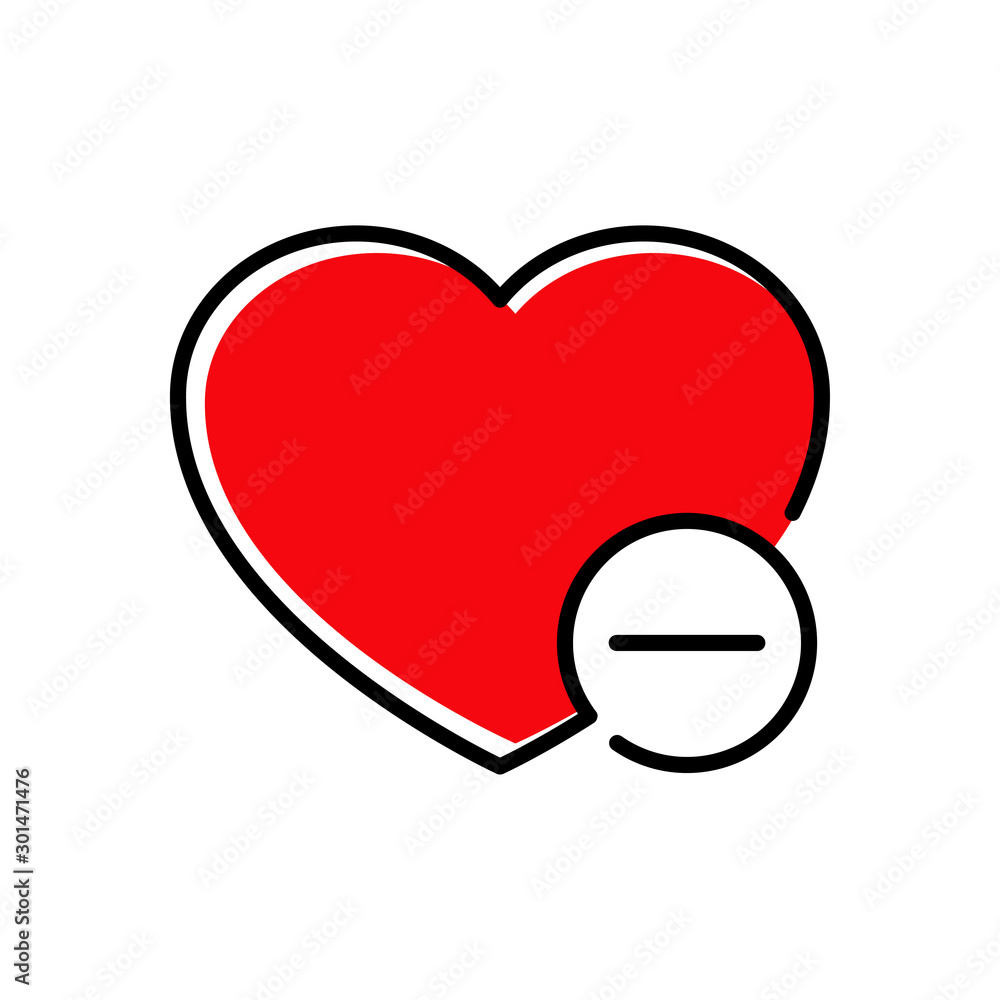 Icono lineal quitar favorito con corazón color rojo y símbolo menos en ...