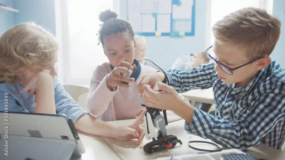 Elementary School Robotics Classroom: Diverse Group of Brilliant ...