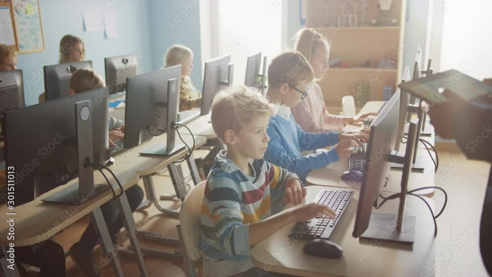 Elementary School Computer Science Classroom: Diverse Group of Little ...