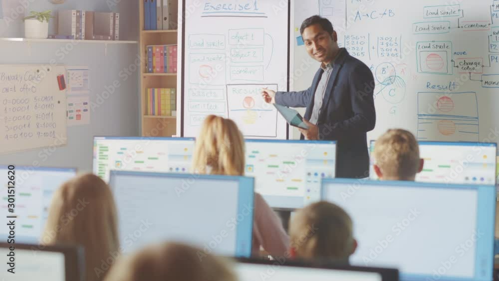 Elementary School Class: Teacher Uses Interactive Digital Whiteboard, Explains Lesson to Diverse ...