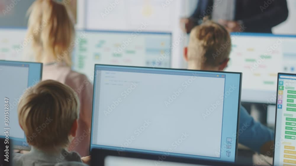 Elementary School Class: Teacher Uses Interactive Digital Whiteboard ...