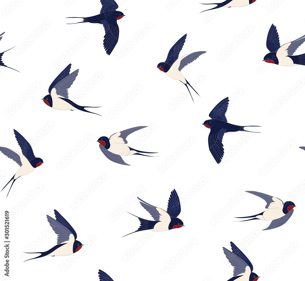 Pattern of flying swallows white background. Many birds in different ...
