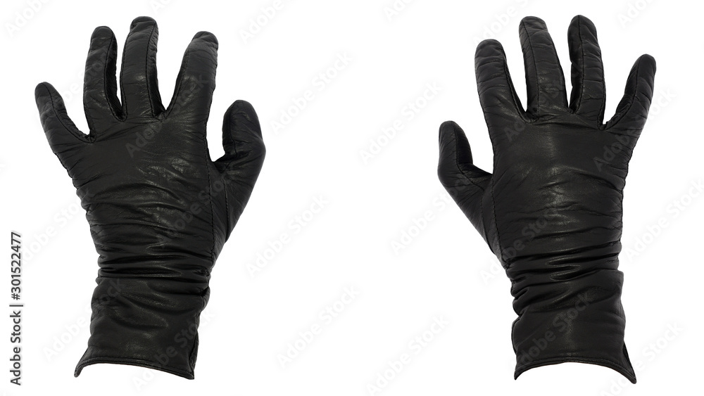Two hands in black leather gloves with fingers spread and flexed ...