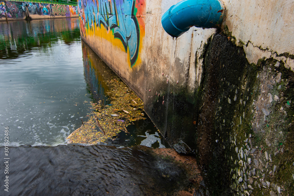 Waste water from industrial plants and waste ponds flowing from the end ...