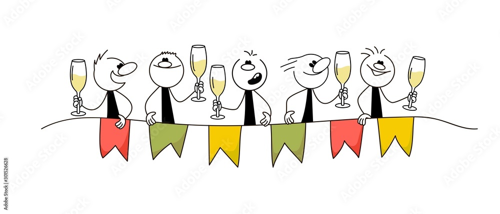 Doodle stick figure: Business team celebrating victory in office ...