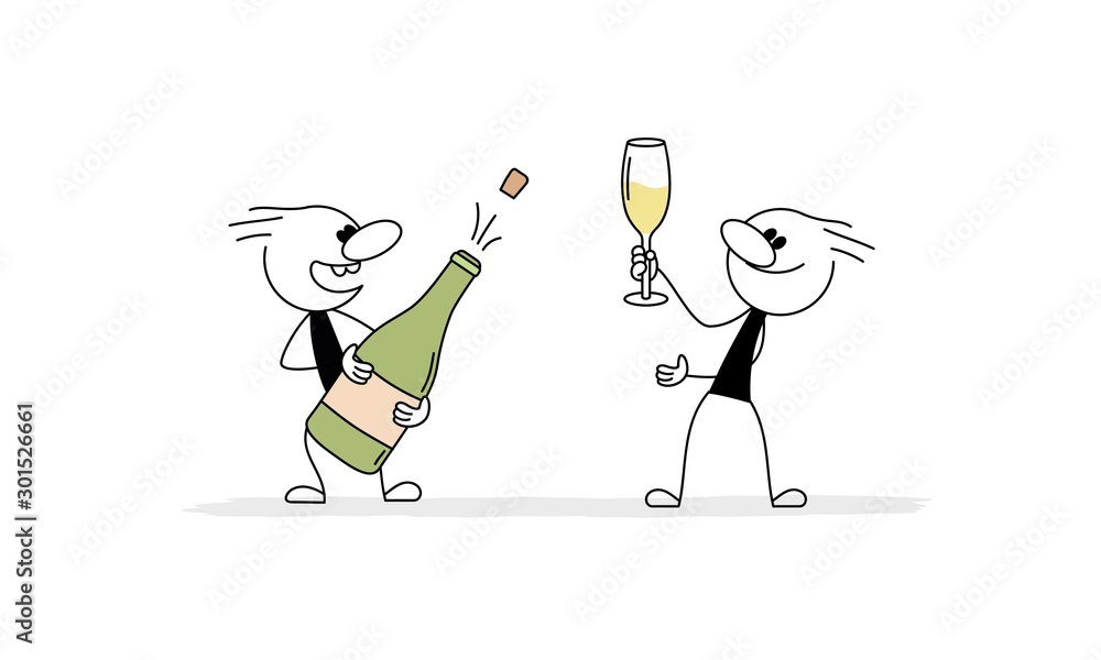 Doodle stick figure: men with bottle of champagne and wine glass. Stock ...