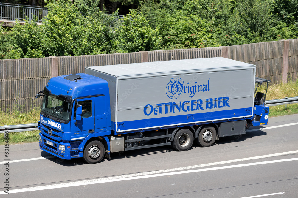 WIEHL, GERMANY - JUNE 25, 2019: Oettinger Bier Mercedes-Benz Actros ...