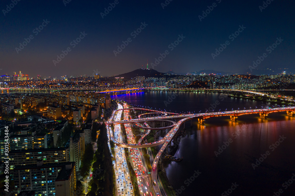 Aerial view of Seoul downtown city skyline with light trails on ...