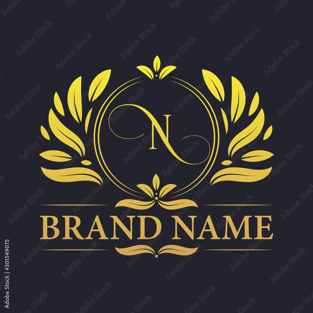 Golden vintage ornamental alphabet N logo design. Luxurious golden ...