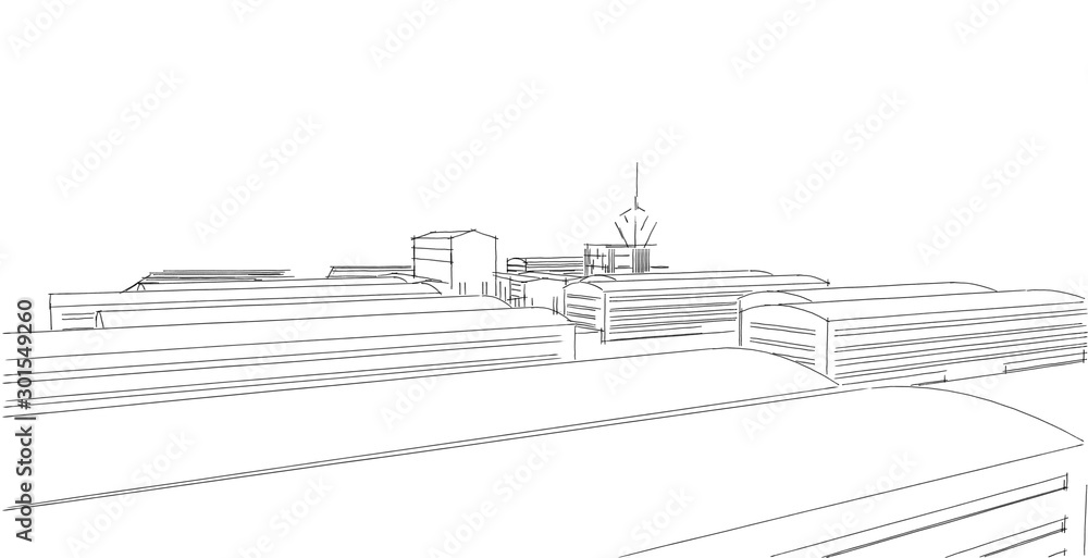 Factory buildings sketch drawings in perspective view, work office and ...