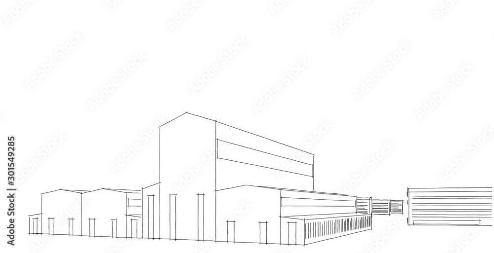 Factory buildings sketch drawings in perspective view, work office and ...