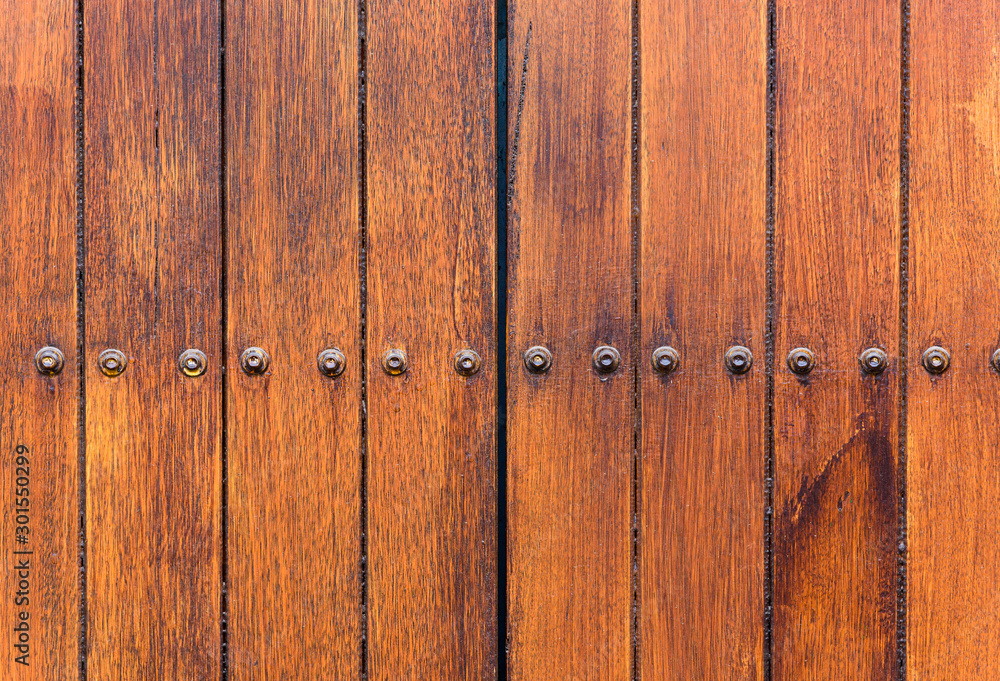 Vertical wooden fence texture with a row of bolts through the middle ...