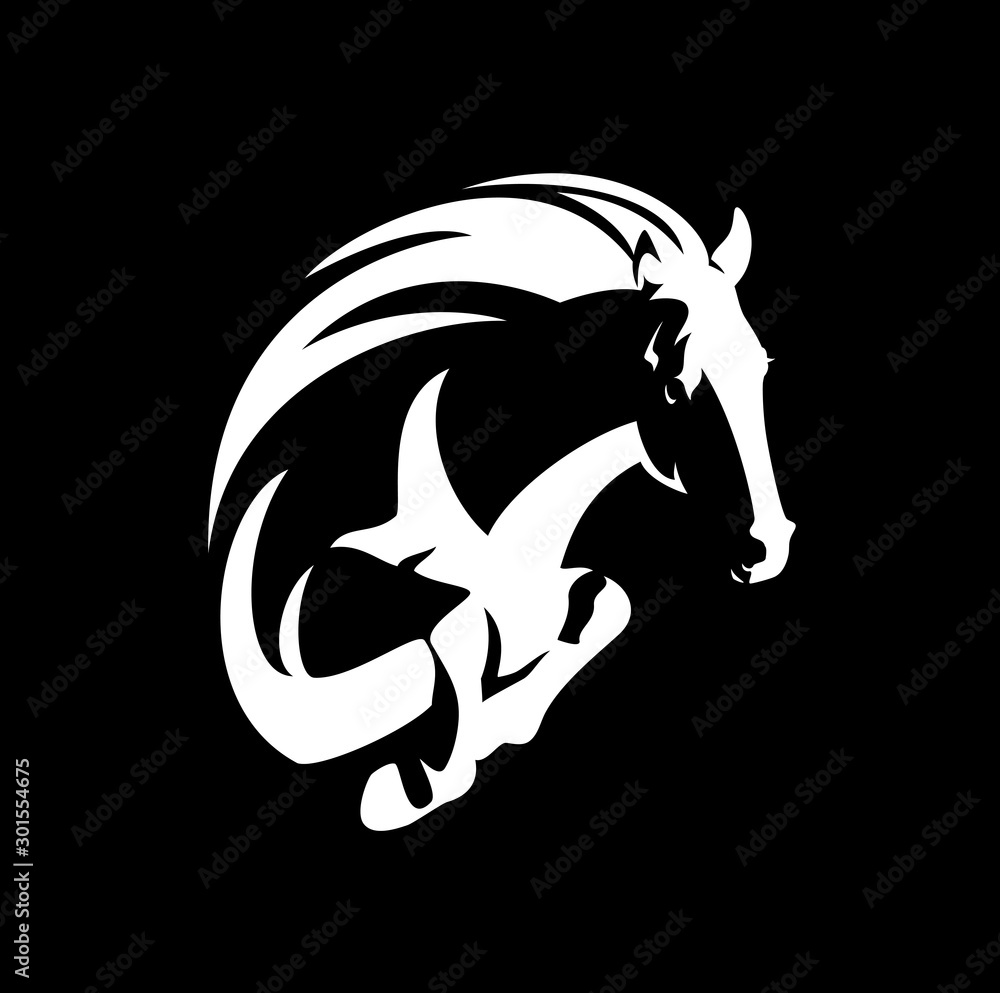 wild mustang horse jumping forward - white stallion outline over black ...
