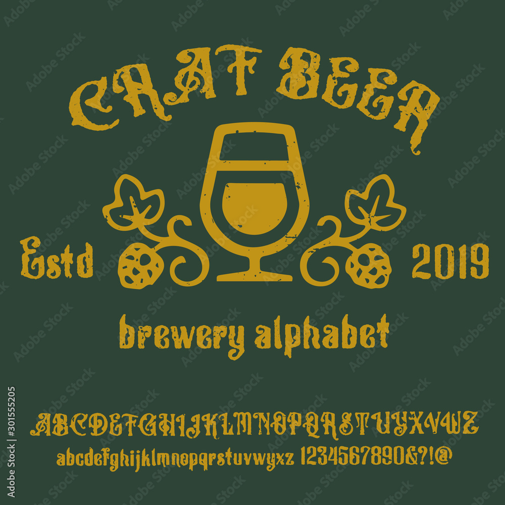 " beer " typeface. Vector hand crafted font in medieval style with hops ...
