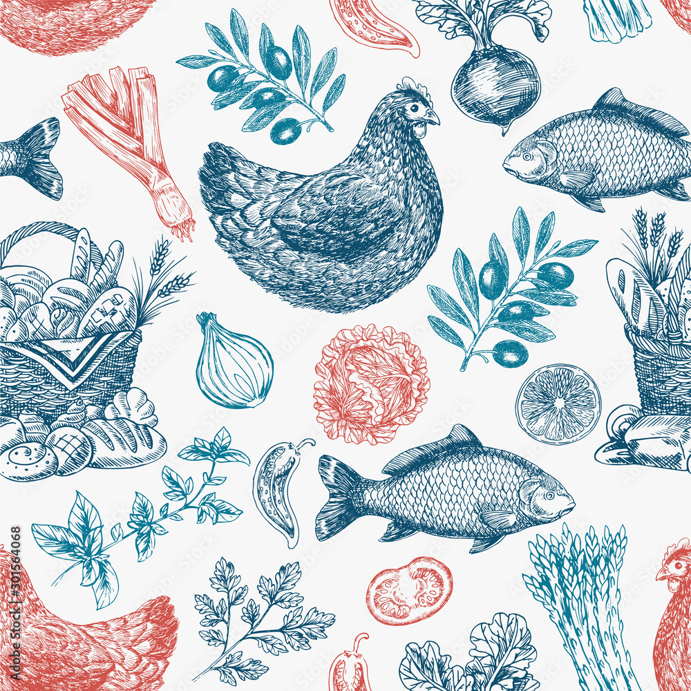 Vintage food background. Different kinds of food. Stock Illustration ...