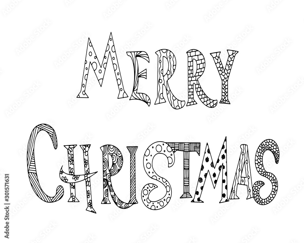Vector coloring in the form of a lettering Merry Christmas with many ...