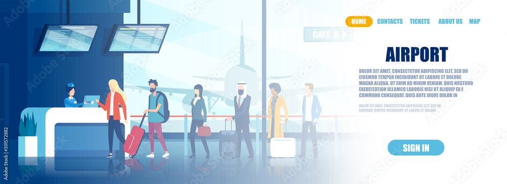 Vector of an airport check in desk and group of international ...