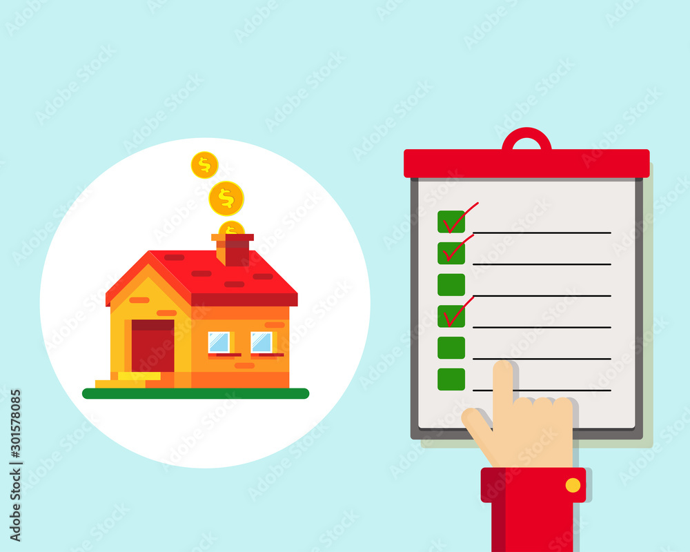 House, coins and check list with hand point on the paper list. Cartoon ...