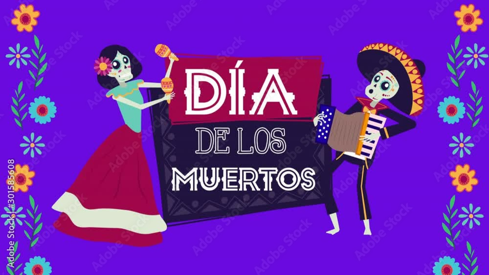 dia de los muertos animation with skull mariachi and catrina characters ...