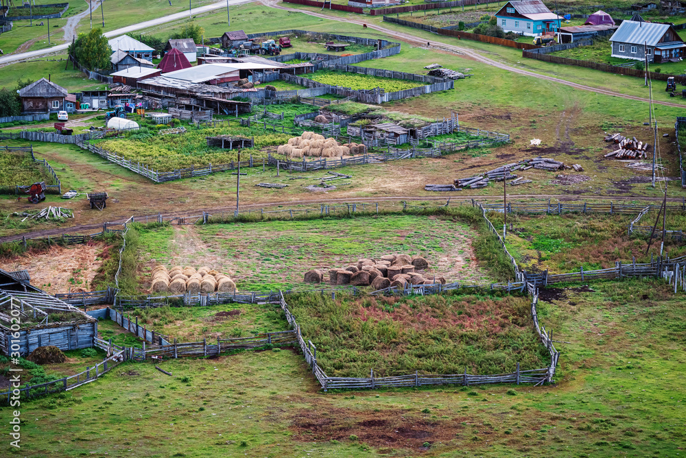 Territory and farm buildings of a livestock farm, top view. Russia ...