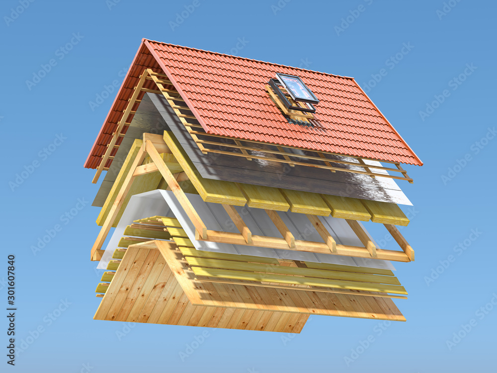 Roof cover in layers. Cross section and technical details of house roof ...