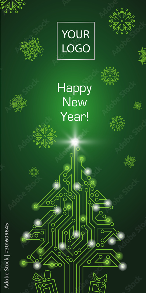 Vetor de Chip circuit new year card template with christmas tree,gifts ...