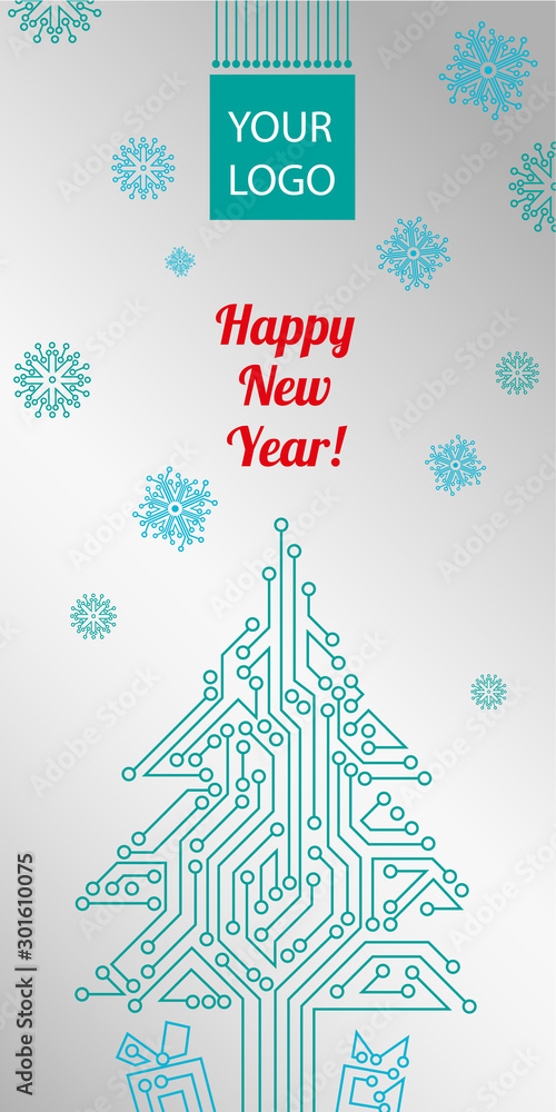 Chip circuit new year card template with christmas tree,gifts and ...