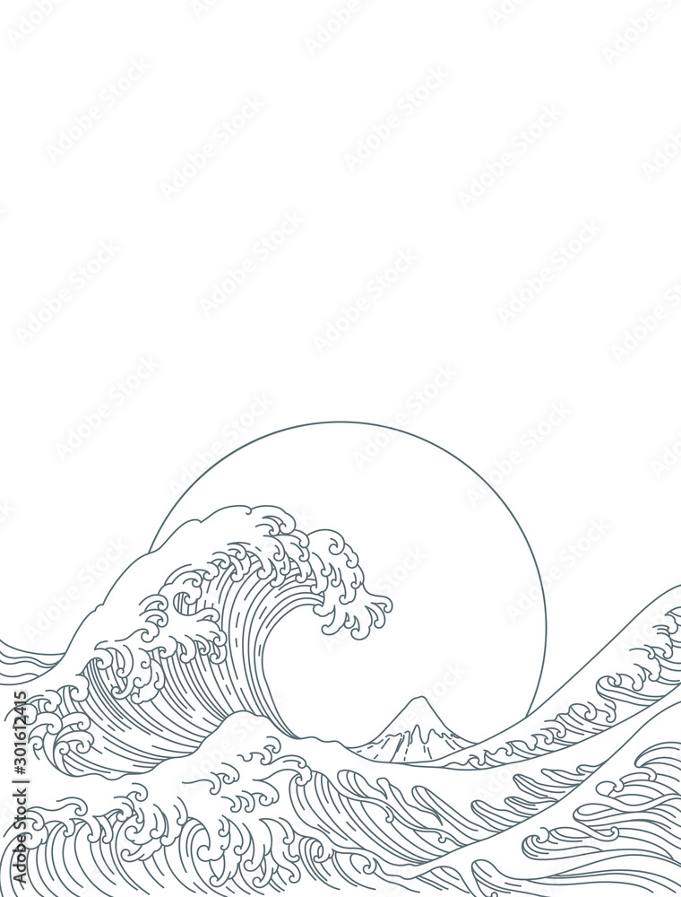 Vecteur Stock Big Asian ocean wave and the big sun and the mountain ...