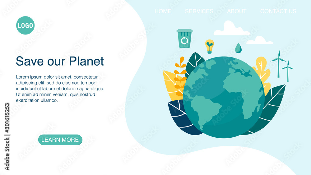 Vector landing page layout with planet Earth. Concept illustration of ...