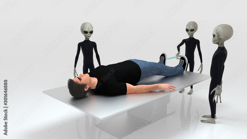 Alien Abduction with three grey Aliens and Human on Surgery Table ...