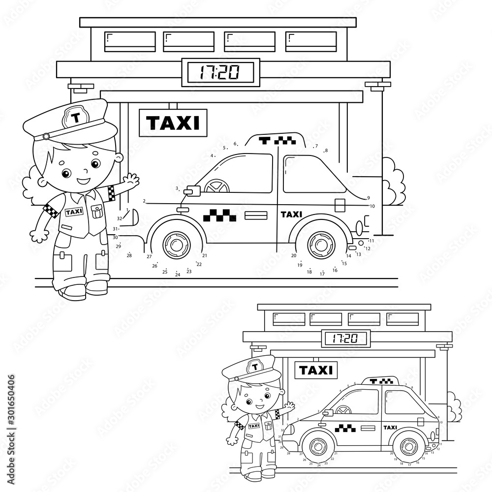 Educational Puzzle Game for kids: numbers game. Taxi. Coloring Page ...