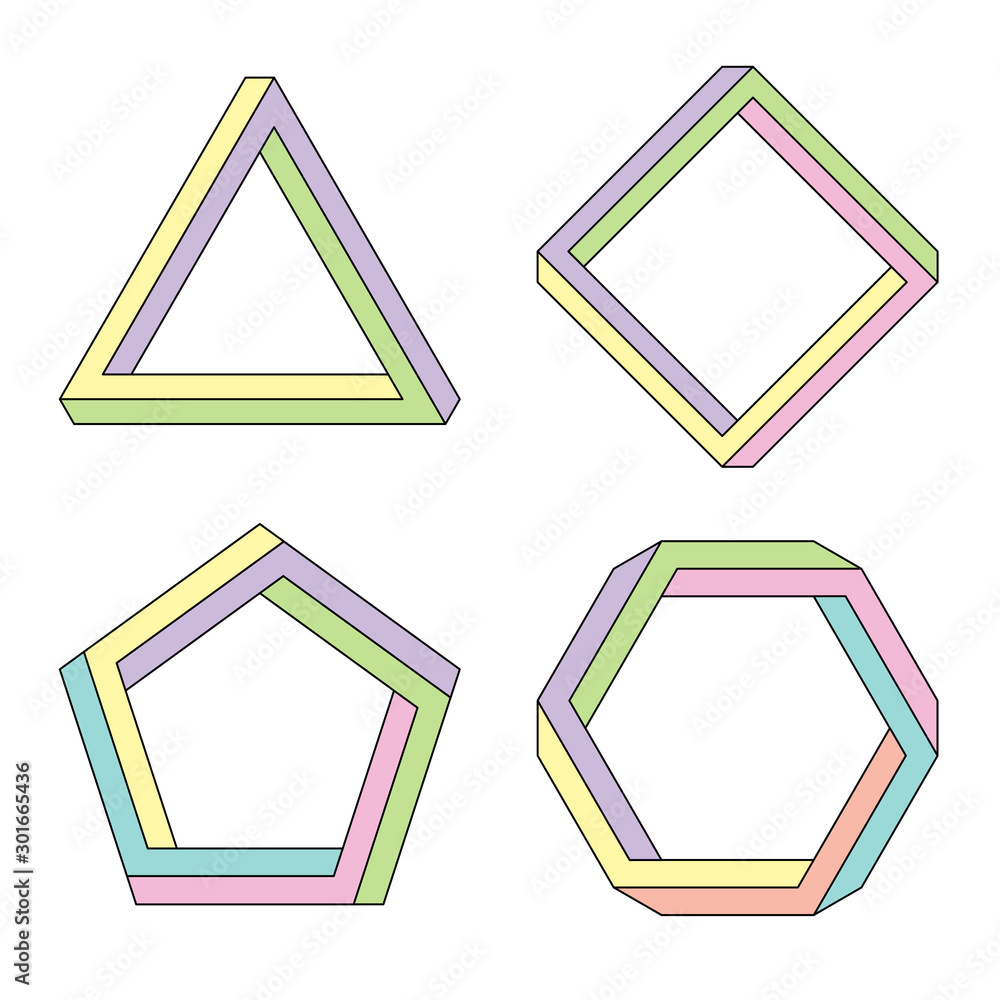 Set of impossible shapes, optical illusion. Color vector illustration ...