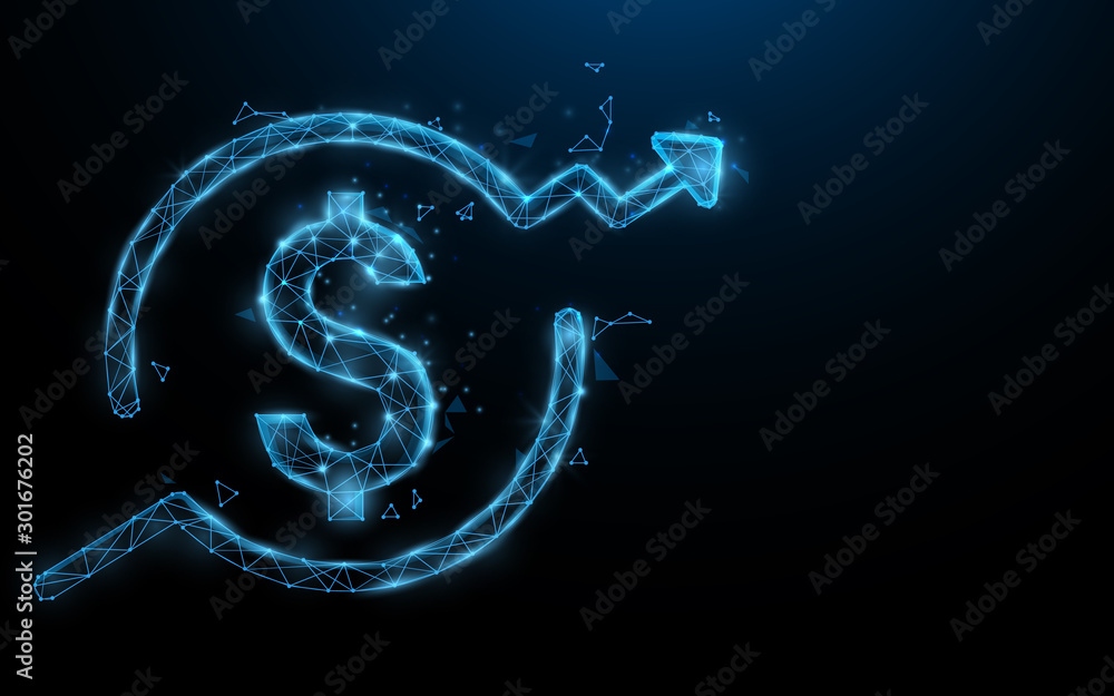 Dollar money sign growing up form lines, triangles and particle style ...