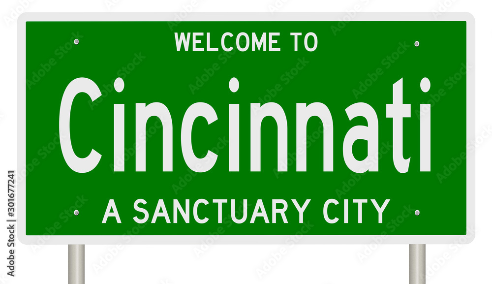 Rendering of a green 3d highway sign for sanctuary city Cincinnati Ohio ...