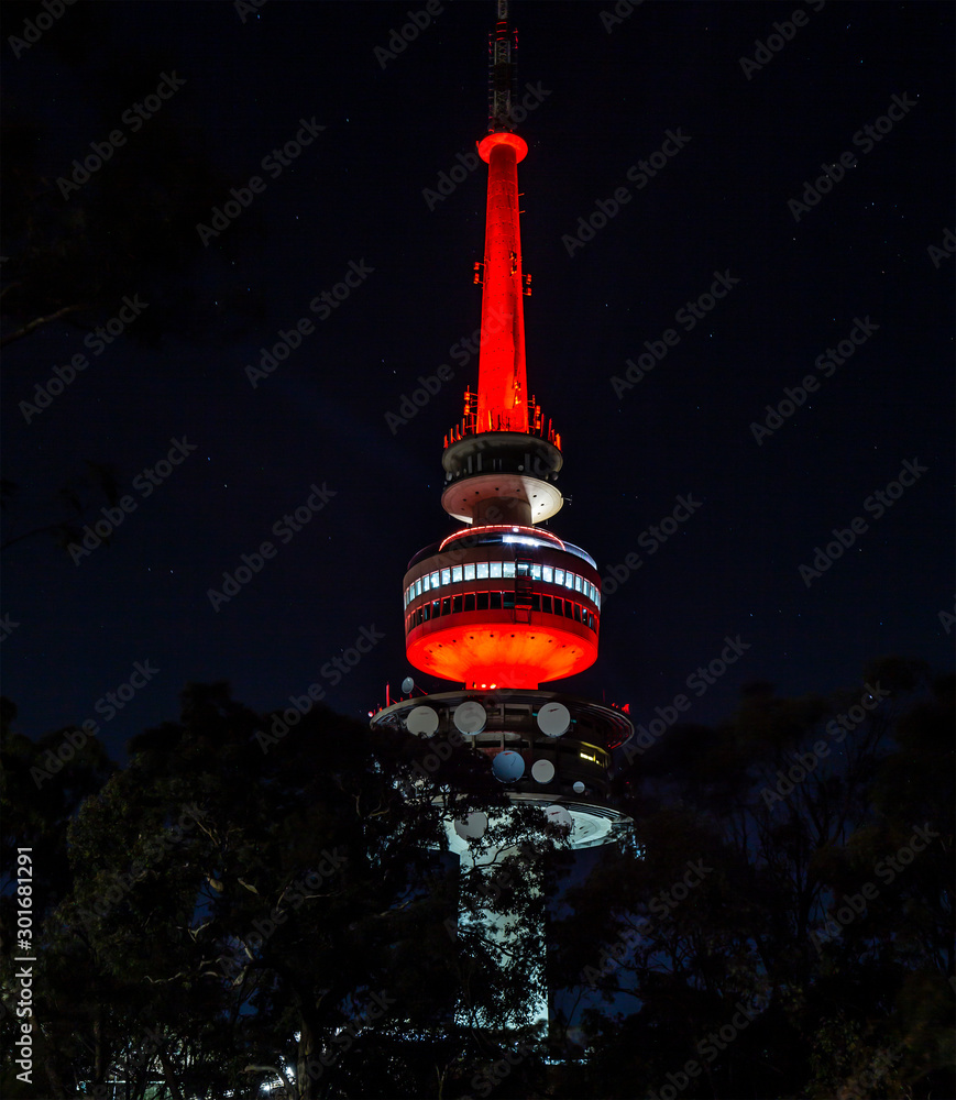 View of Telstra Tower at night in Canberra, the capital city of ...