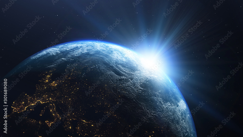 Earth planet with the sun viewed from space , 3d render of planet Earth ...