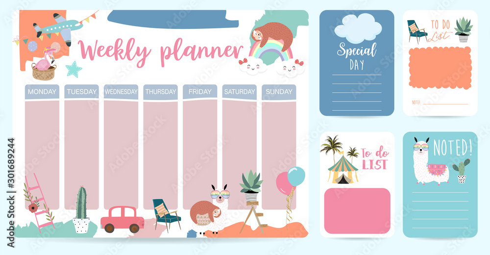 cute weekly planner background with sloth,rainbow,llama,cloud.Vector ...