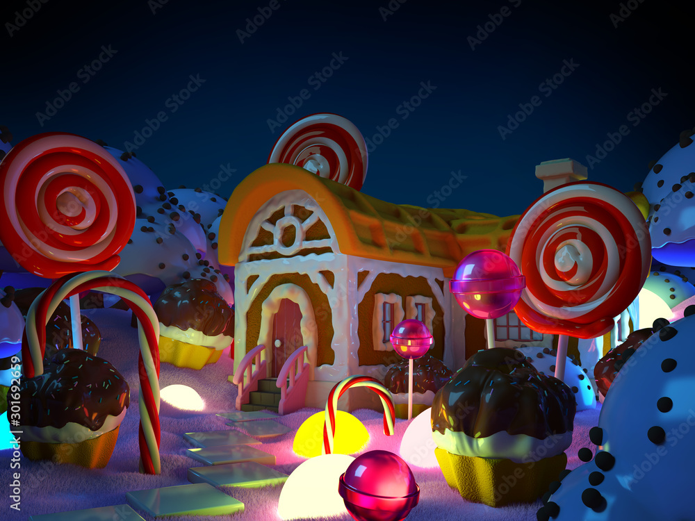 candy land with fantasy house at night Stock Illustration | Adobe Stock