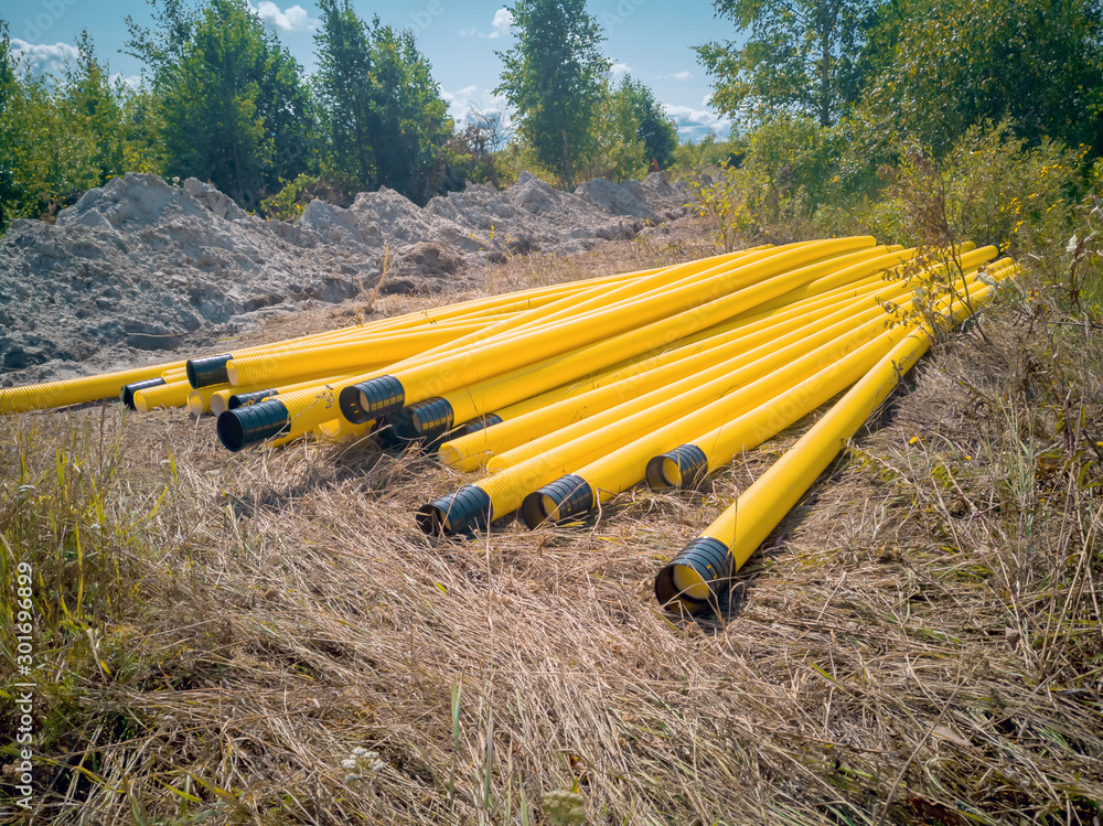 Construction site of an overland gas pipeline. There is a trench dug ...