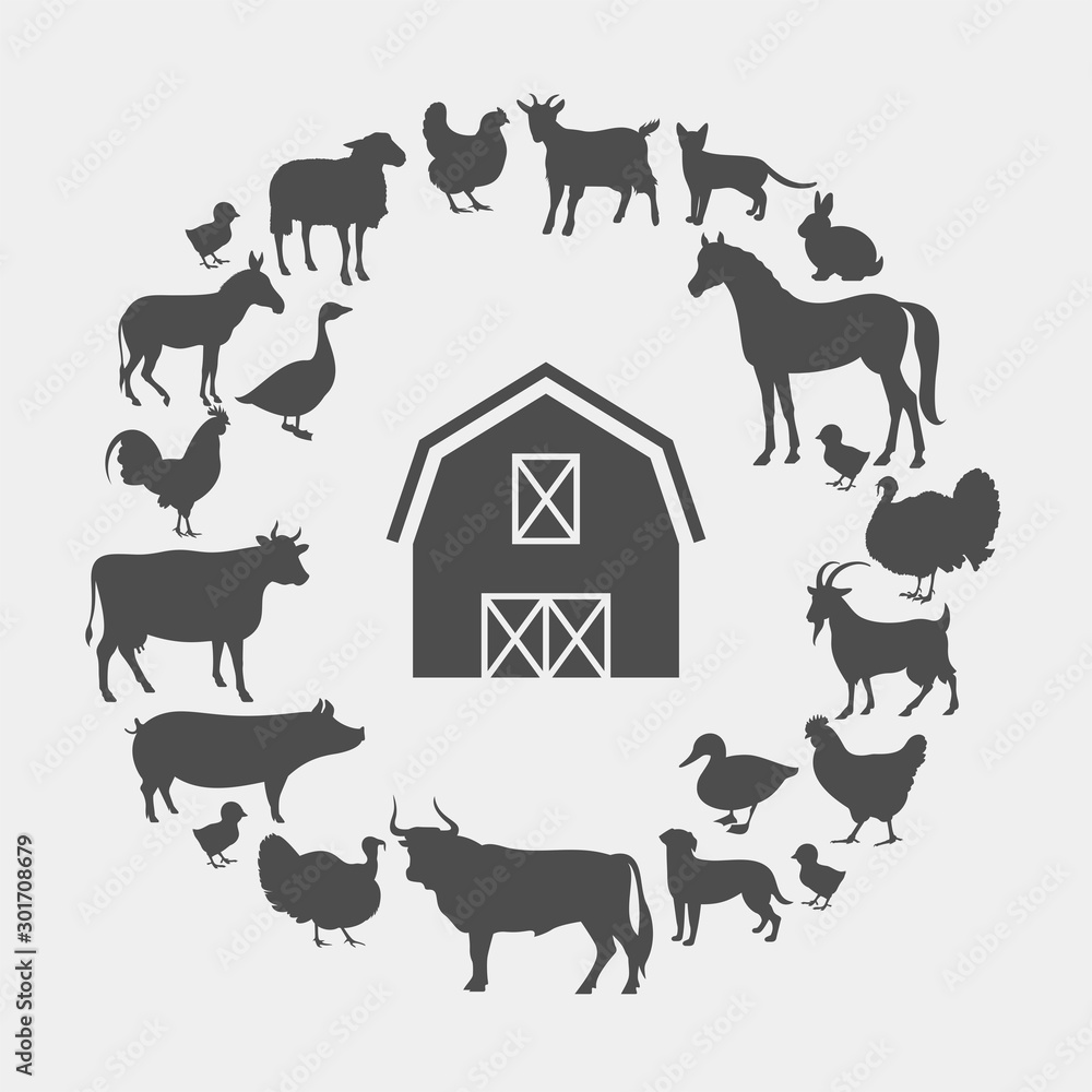 Farm animals silhouettes. Horse, cow, sheep, bull, donkey, pig, goat ...