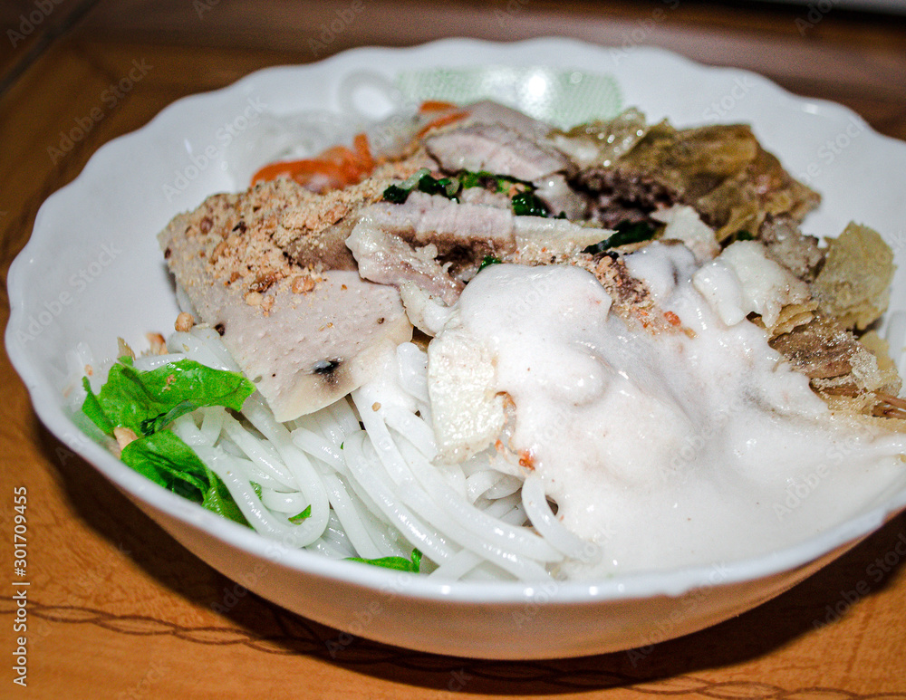 Street food in Cambodia, Vietnamese rice Noodles call "Bun thit noung" or Rice vermicelli salad ...