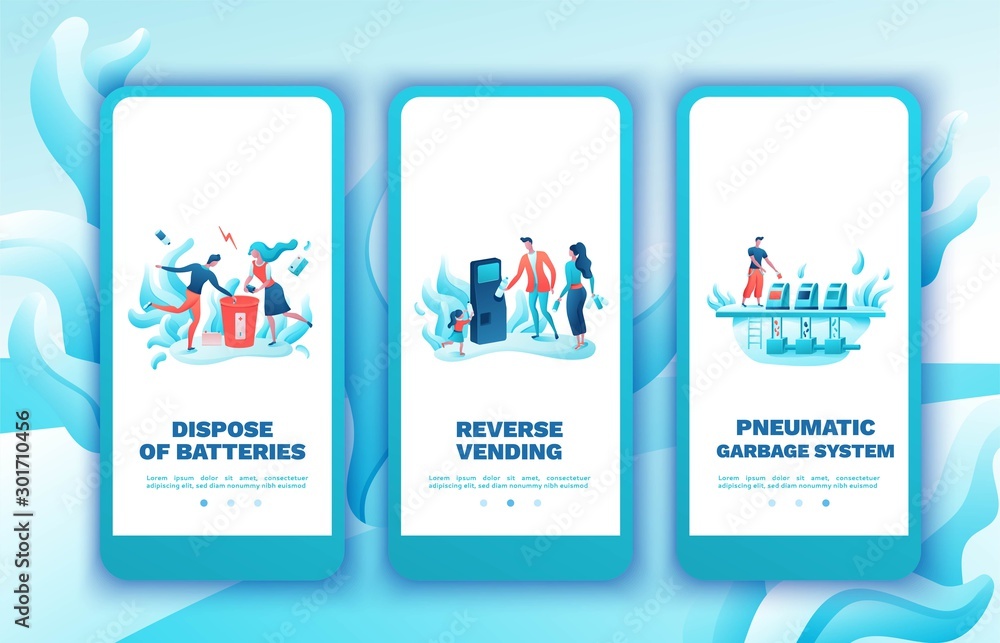 Garbage sorting mobile app template set, people recycling trash ...
