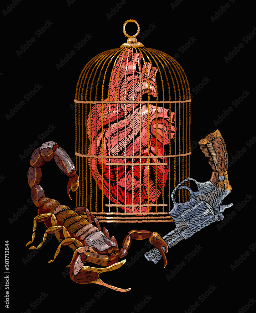 Embroidery anatomical human heart, scorpion, golden cage and guns ...