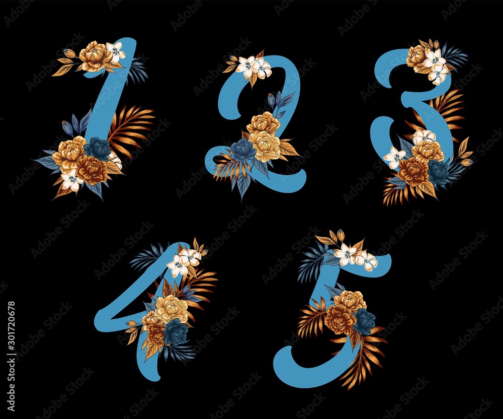 Flower ornate numbers. Elegant blossom number, floral sprigs date and ...