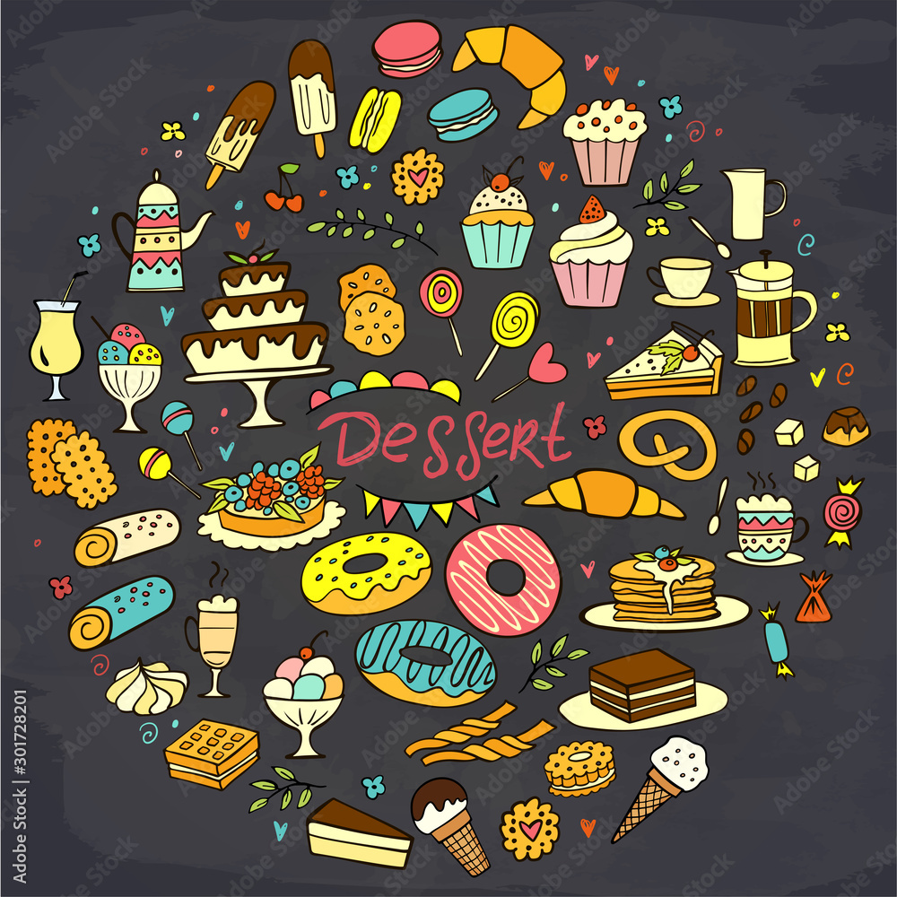 Set of colorful doodle sweets food on chalkboard. Vector illustration ...
