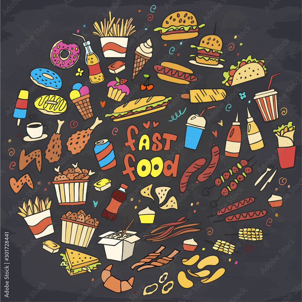 Set of colorful fast food doodle on chalkboard. Vector. Burger, snacks ...