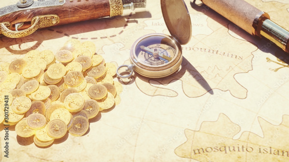 Pirate compass with pistol and spyglass lie on the treasure map. Pirate ...